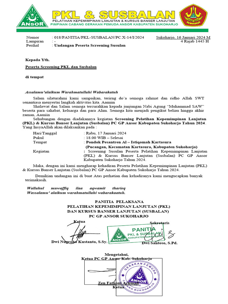 Surat Undangan Screening Peserta PKL Dan Susbalan Sukoharjo 2024 | PDF ...