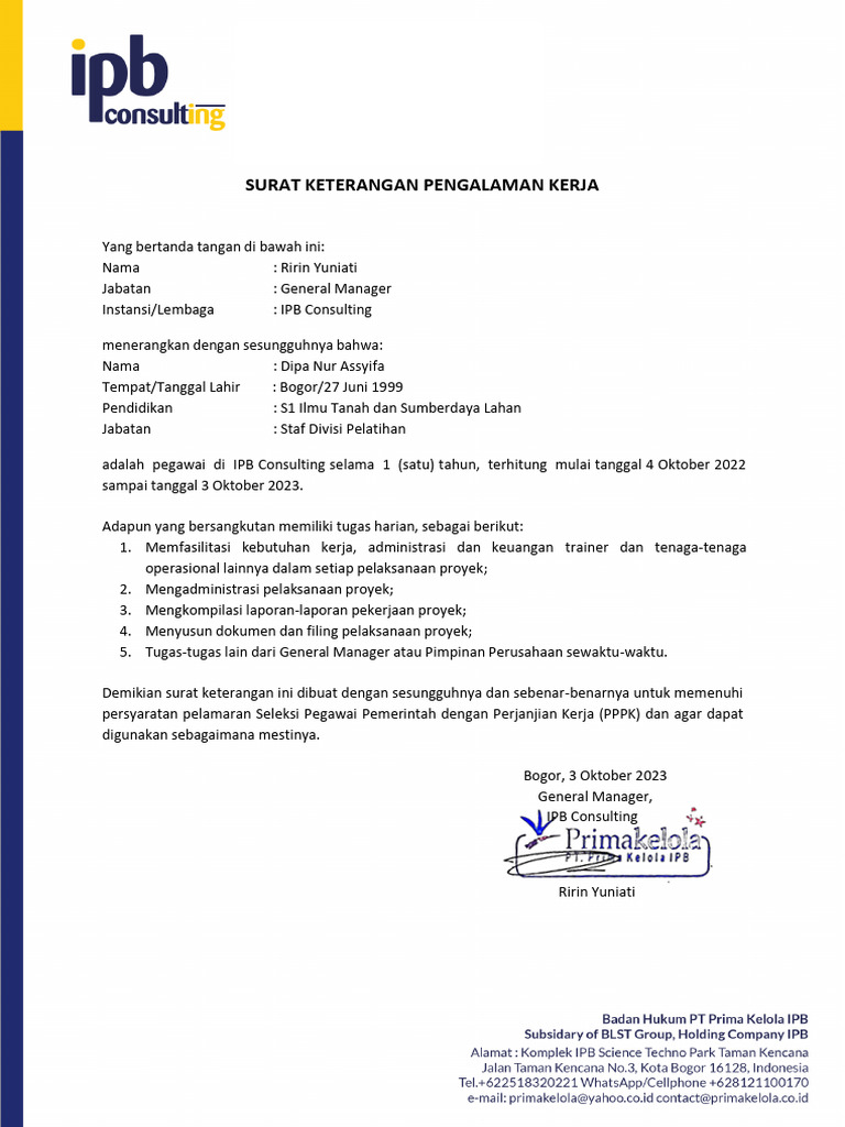 Surat Pengalaman Kerja Dipa | PDF | Bisnis