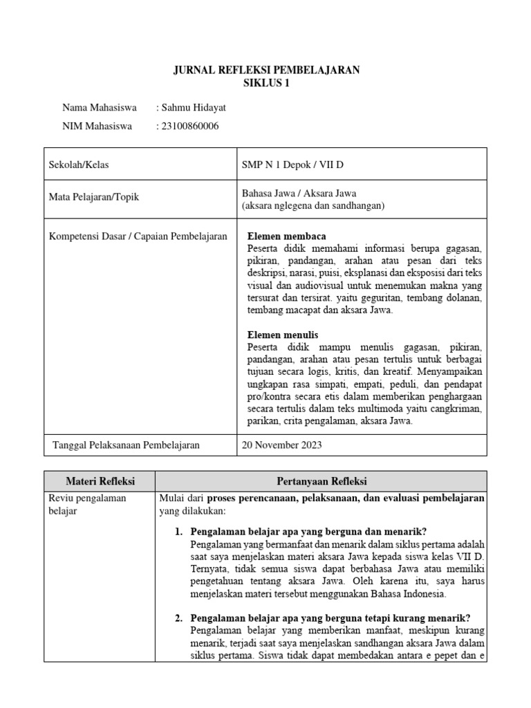 Sahmu Hidayat - Jurnal Refleksi Pembelajaran LK 5 Siklus 1 | PDF