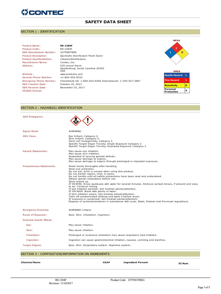 FICHA TECNICA SPORICIDIN | PDF | Dangerous Goods | Occupational Safety And Health