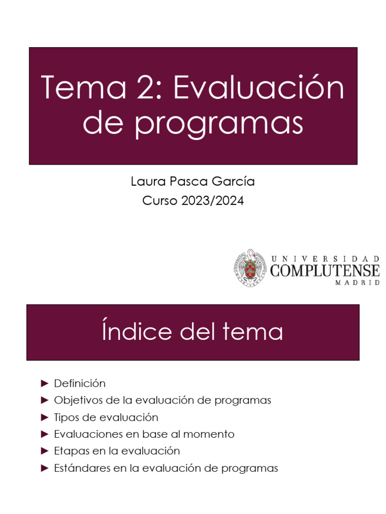 Tema 2-Evaluación de Programas | PDF | Validez (Estadísticas) | Evaluación