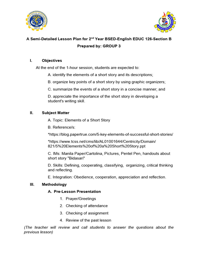A Semi Detailed Lesson Plan of A Short Story - Group 3 | PDF | Plot ...