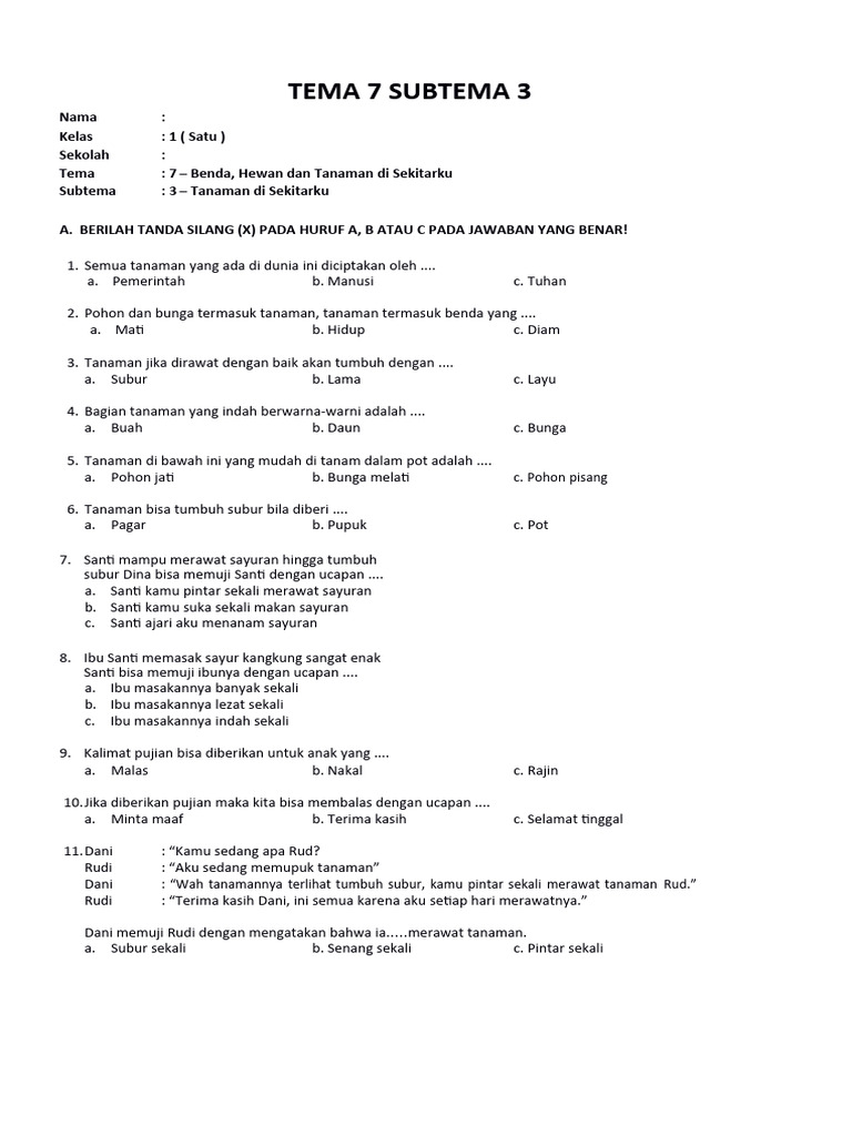 Soal Tematik Kelas 1 SD (Reca Dan Meca) | PDF