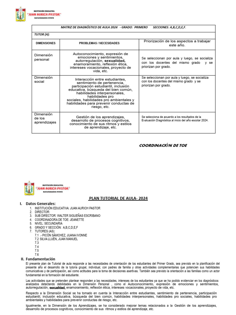 Matriz y Esquema de Plan Tutorial de Aula - 2024 | PDF | Las emociones ...