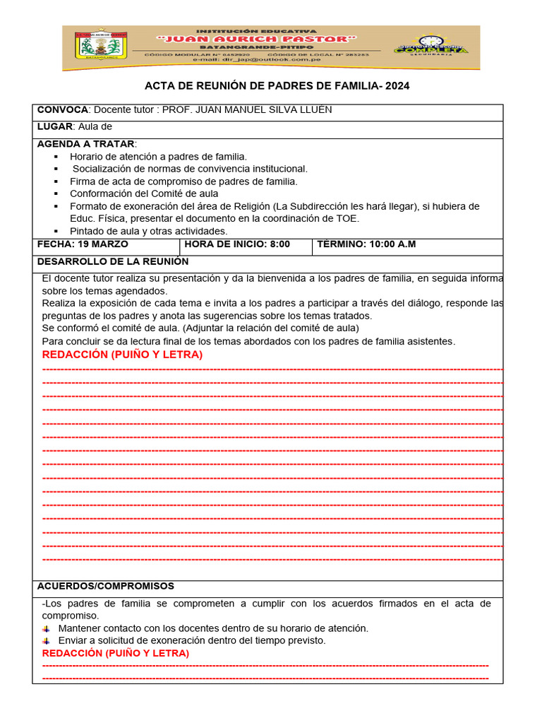 Acta de Reunión de Padres de Familia Con Tutor Primero F-2024 | PDF