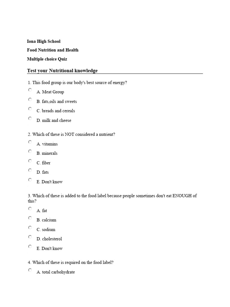 High School Nutrition Quiz | PDF