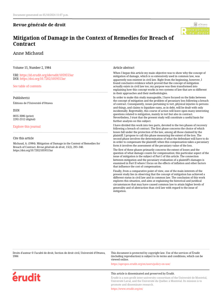 Mitigation of Damage in Context of Remedies Fo Breach of Contracts ANNE ...