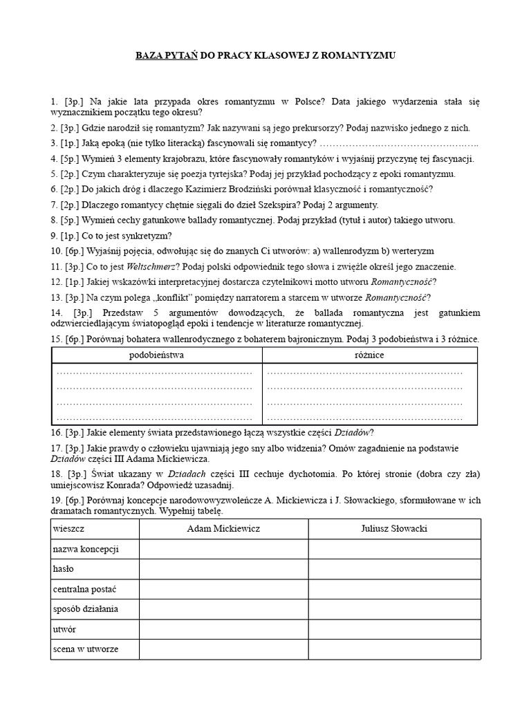 Romantyzm 2024 Dla 3c I 3f Baza Pytań | PDF