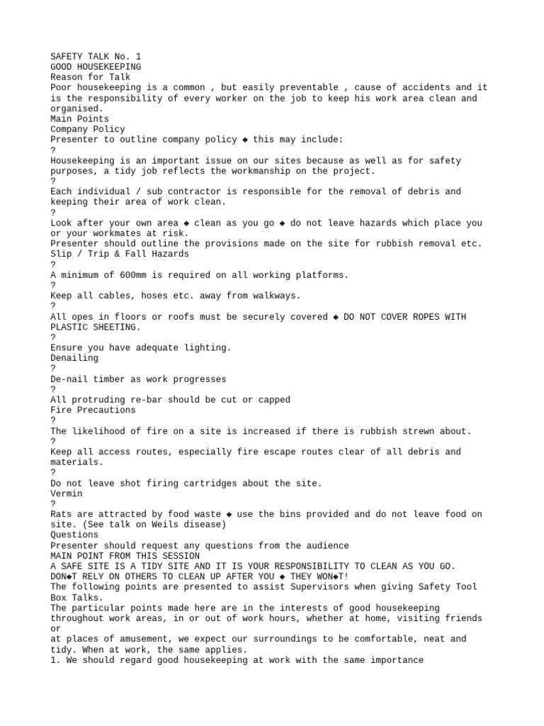 Toolbox Talk - 01 | Download Free PDF | Housekeeping | Safety