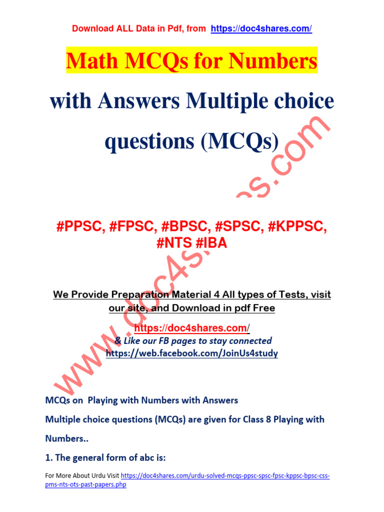 Math MCQs For Numbers With Answers Multiple Choice Questions (MCQS) | PDF | Multiple Choice ...