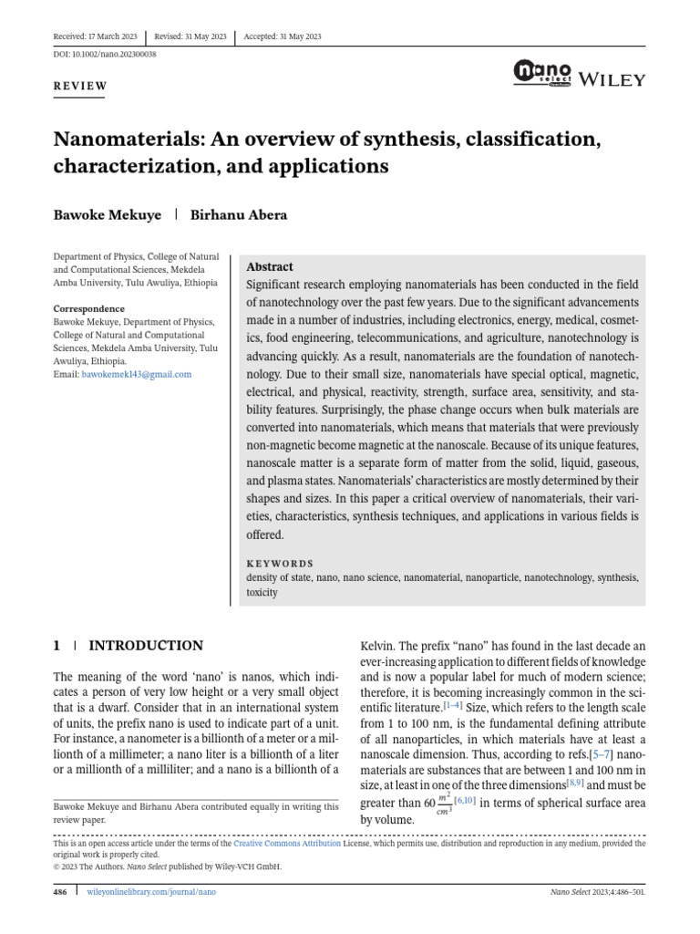 Nano Select - 2023 - Mekuye - Nanomaterials An Overview of Synthesis Classification ...
