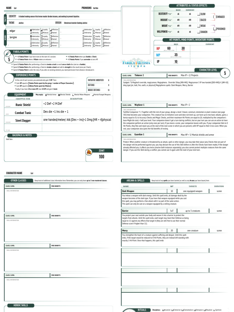 Fabula-Ultima-Character-Sheet-Earl | PDF | Role Playing Games | Role Playing Video Games