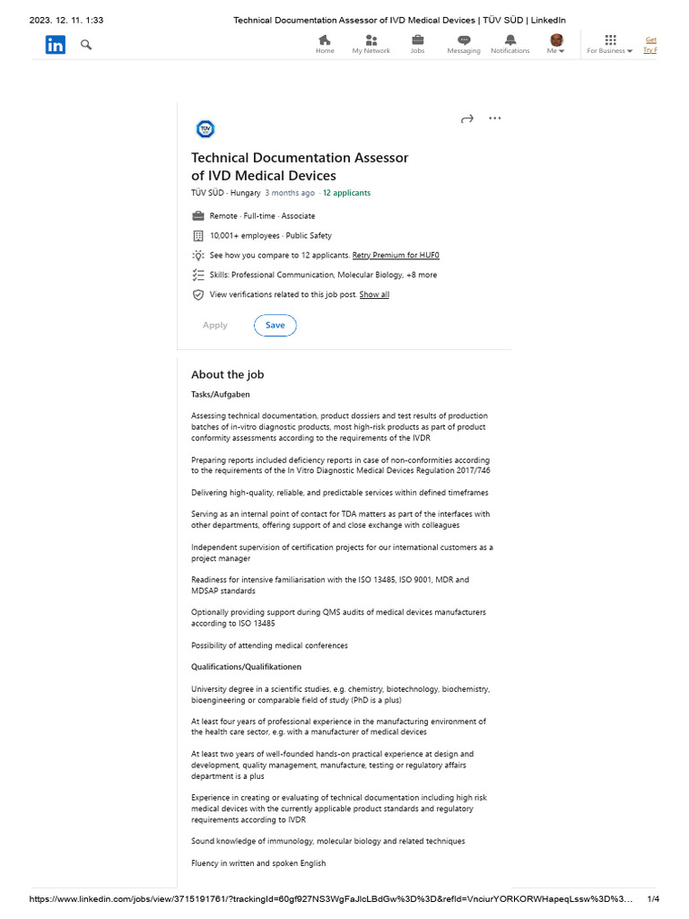 Technical Documentation Assessor of IVD Medical Devices - TÜV SÜD - LinkedIn | PDF | Medical ...