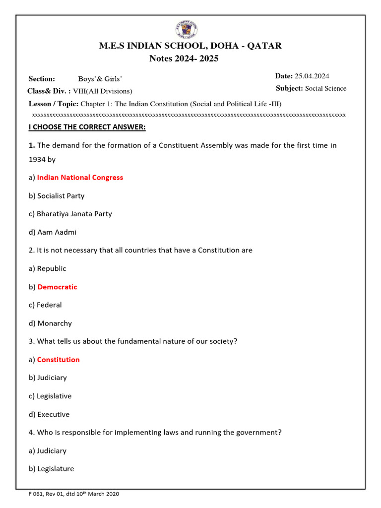 Class 8, Social Science (Social and Political Life-III) NOTES, Ln.1-The ...