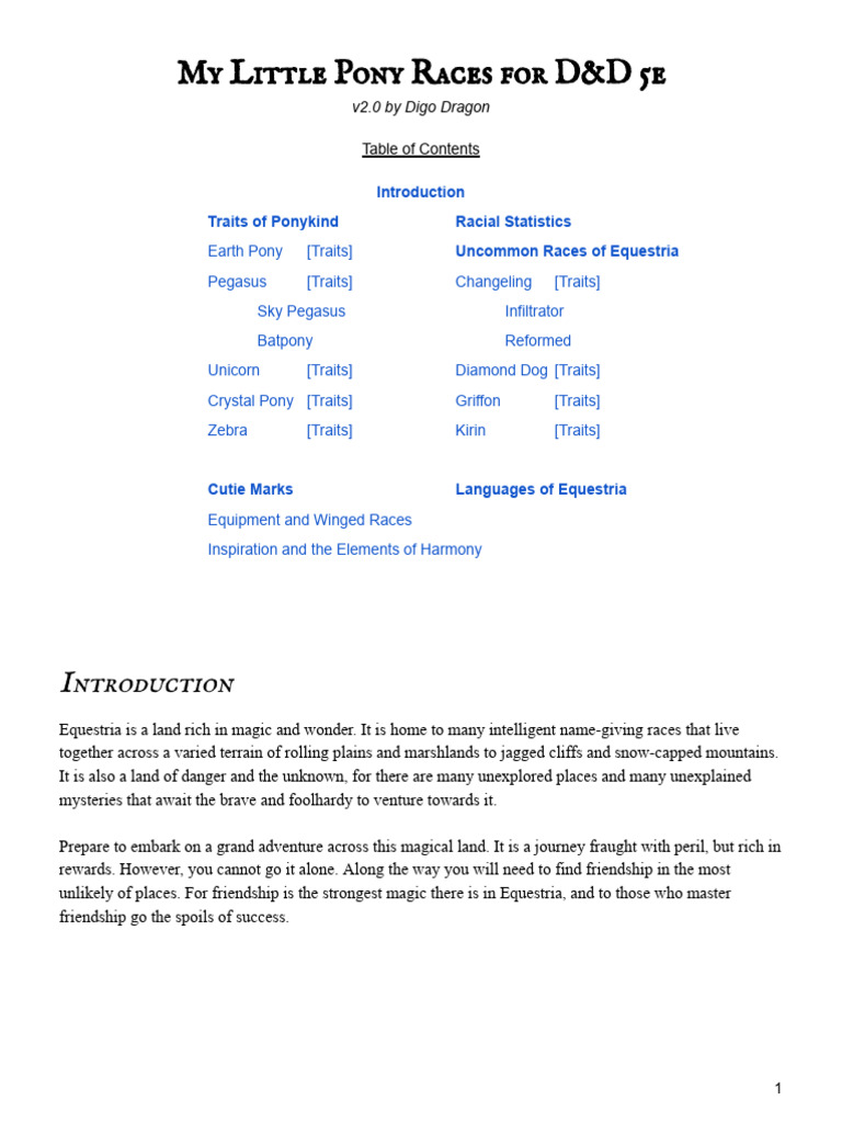 My Little Pony Races for D&D 5e | PDF | Young Adult