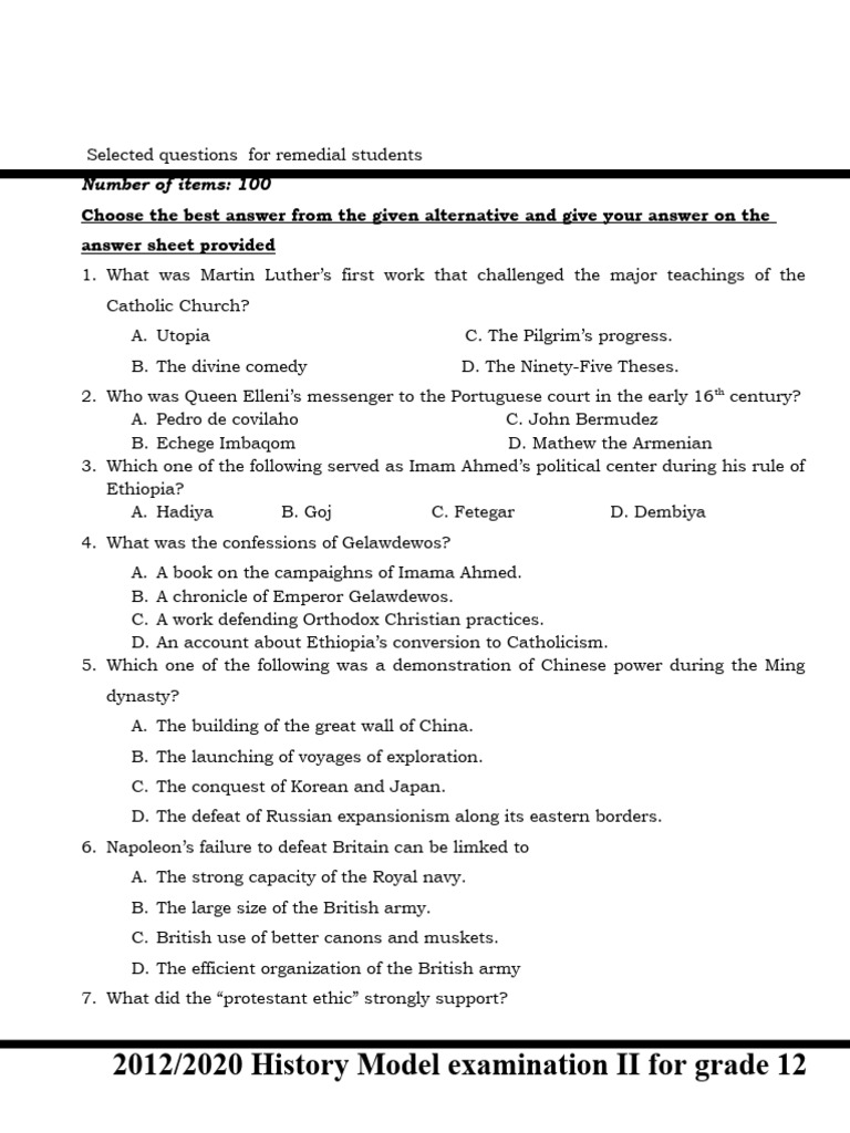 History Model Exam For Remedial Students | PDF