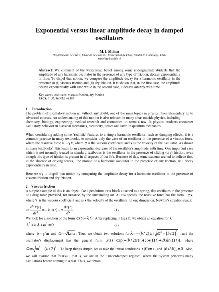 Exponential Versus Linear Amplitude Decay in Damped Oscillators | PDF | Damping | Oscillation