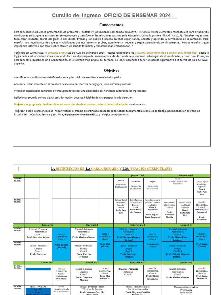 Cursillo de ingreso 2024 con carga virtual | PDF | Evaluación | Maestros