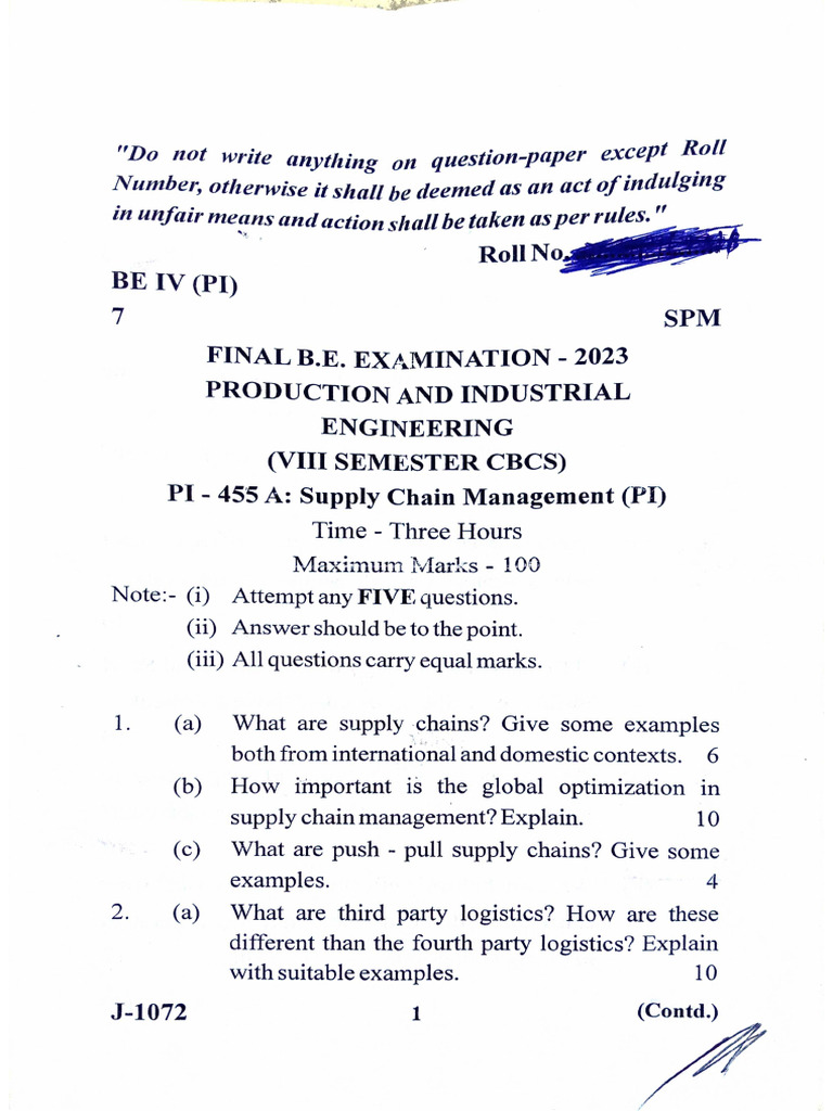 SCM (Exam Paper - 2023) | PDF