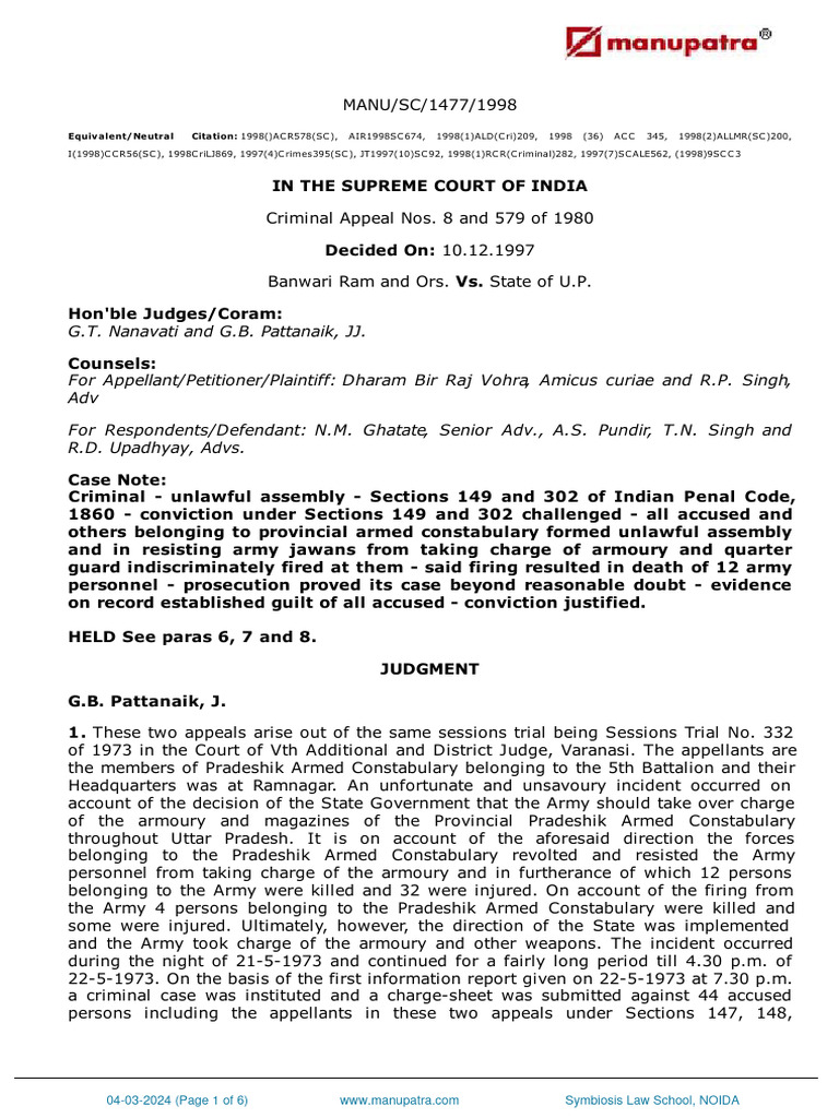 Banwari Ram and Ors Vs State of UP 10121997 SCs981477COM371335 | PDF | Acquittal | Appeal