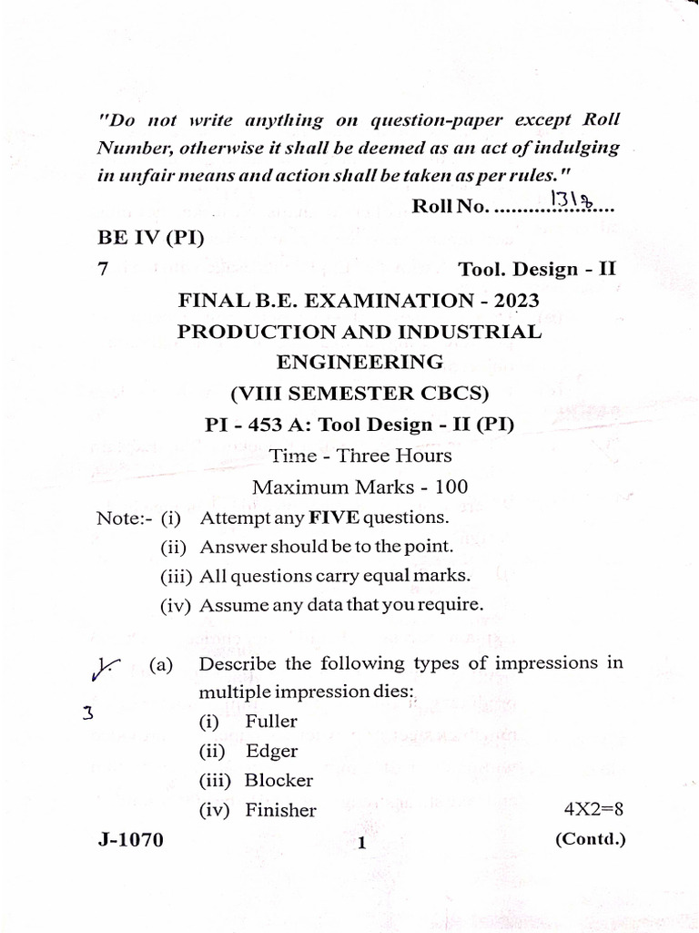 Tool Design - II (Exam Paper - 2023) | PDF