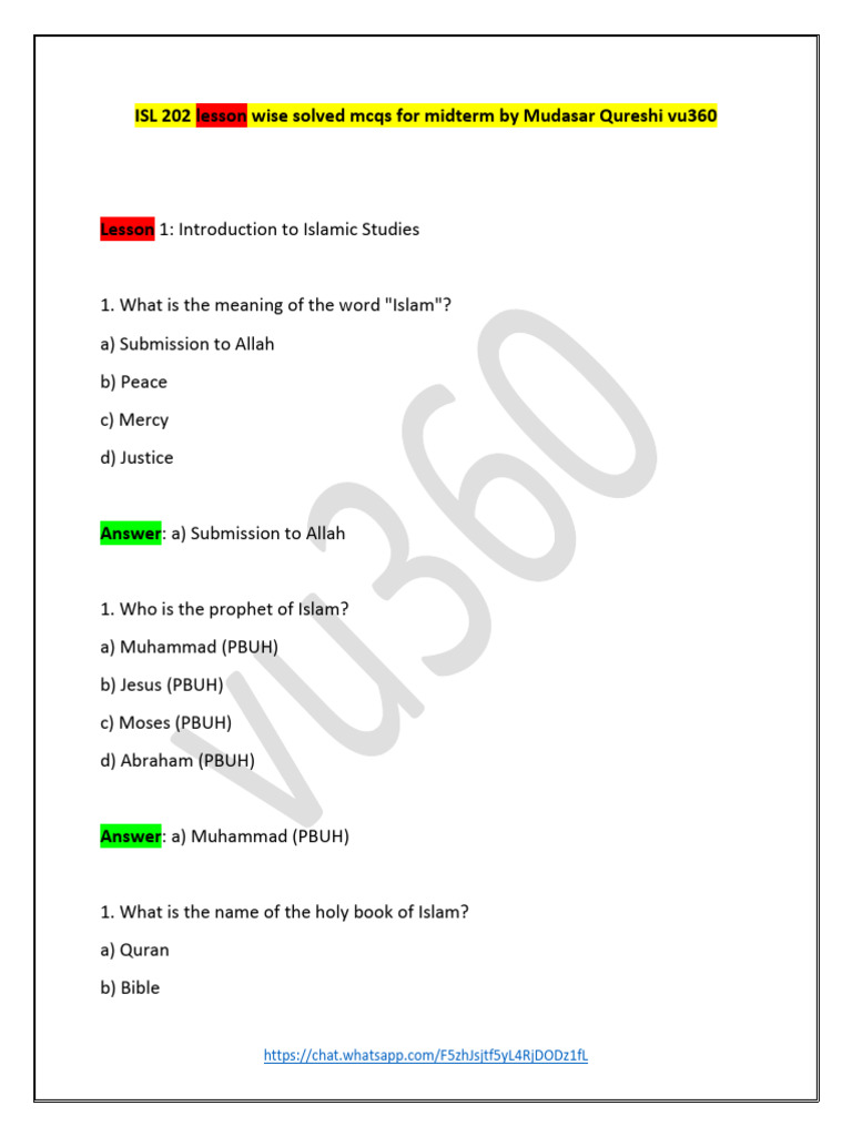 ISL 202 Lesson Wise Solved Mcqs For Midterm by Mudasar Qureshi Vu360 | PDF | Prophets And ...