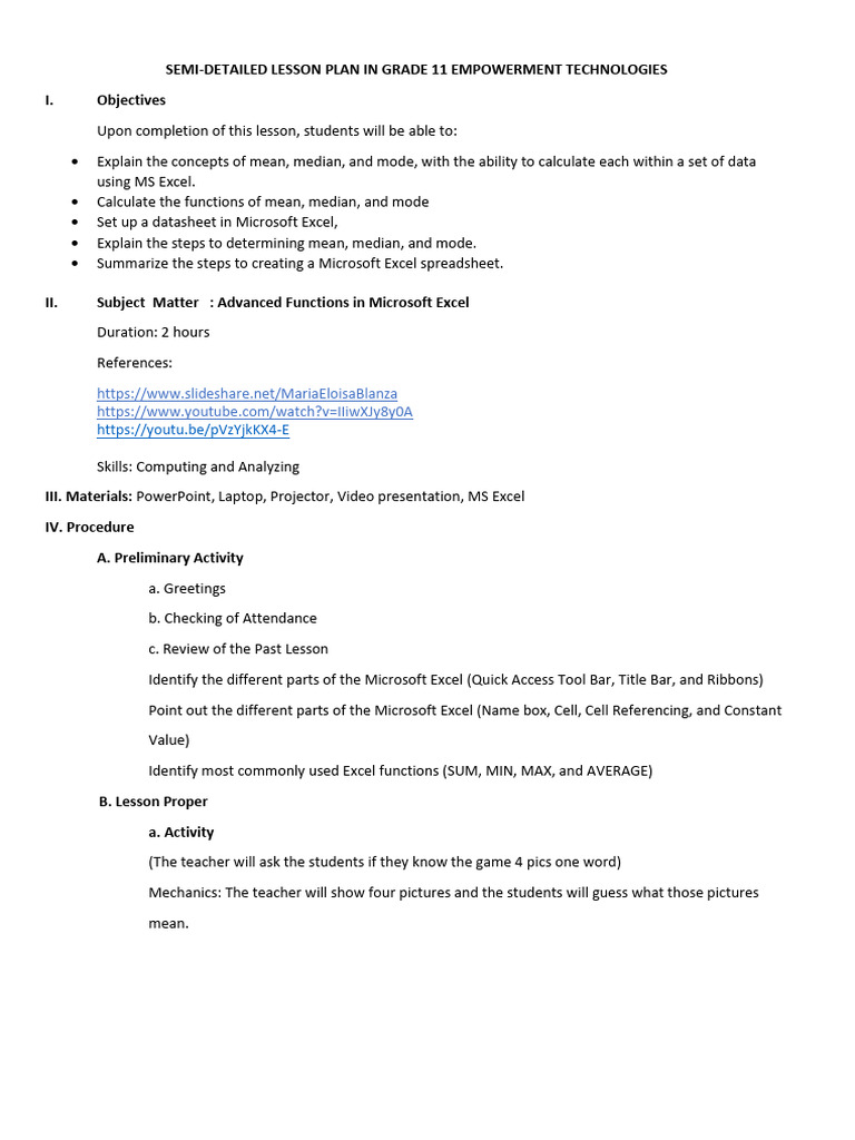 Semi-Detailed Lesson Plan in Emtech 11 Mean Median Mode | PDF ...