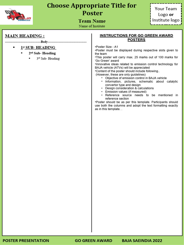 Baja Saeindia 2022 - Poster Format For Go Green Event | PDF