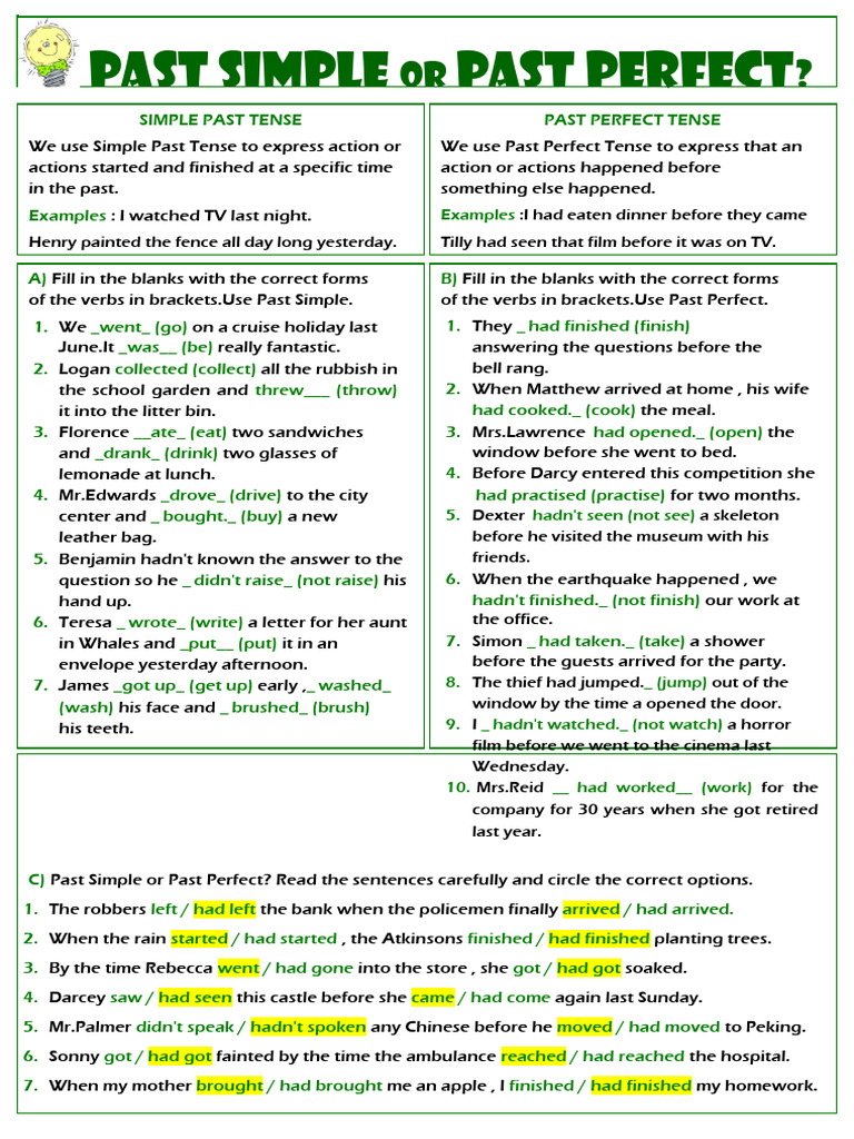 PAST SIMPLE OR PAST PERFECT | PDF | Perfect (Grammar) | Grammatical Tense