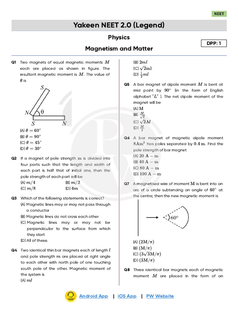 Magnetism and Matter - DPP 01 (Of Lec-02) - Yakeen 2.0 2024 (Legend ...
