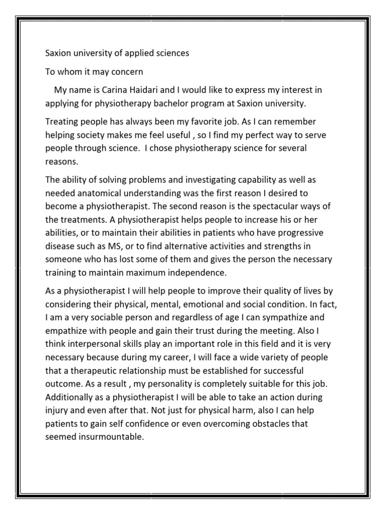 Saxion University of Applied Sciences Motivation Letter | PDF | Physical Therapy | Reason