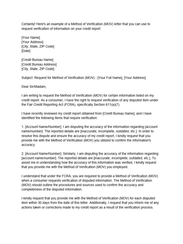 Method of Verification (MOD) Letter | PDF | Credit History | Information