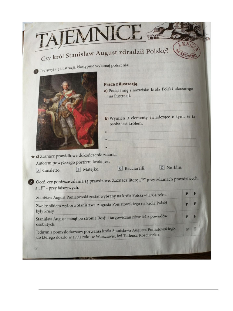 Klasa VI - Karta Pracy Czy Krół Stanisław August Poniatowski Zdradził ...