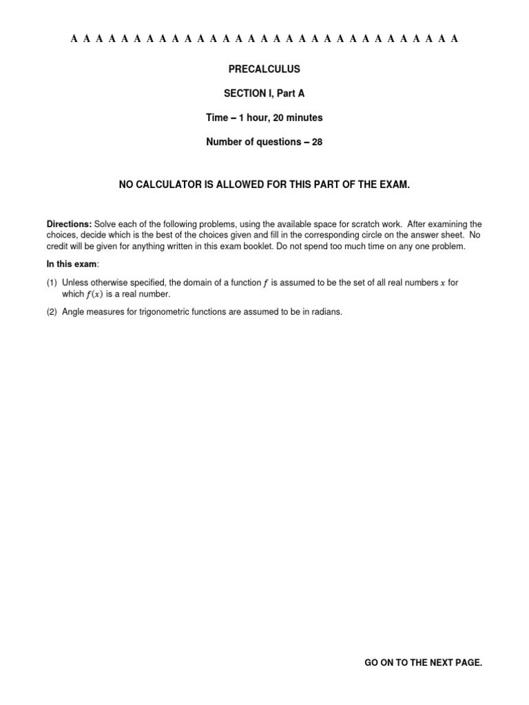 AP Precalc Mock Exam 1 MC and FR With FR Student Answer Booklet | PDF ...