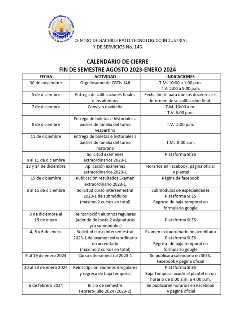 Calendario Cierre Alumnos Ago23-Ene24 | PDF