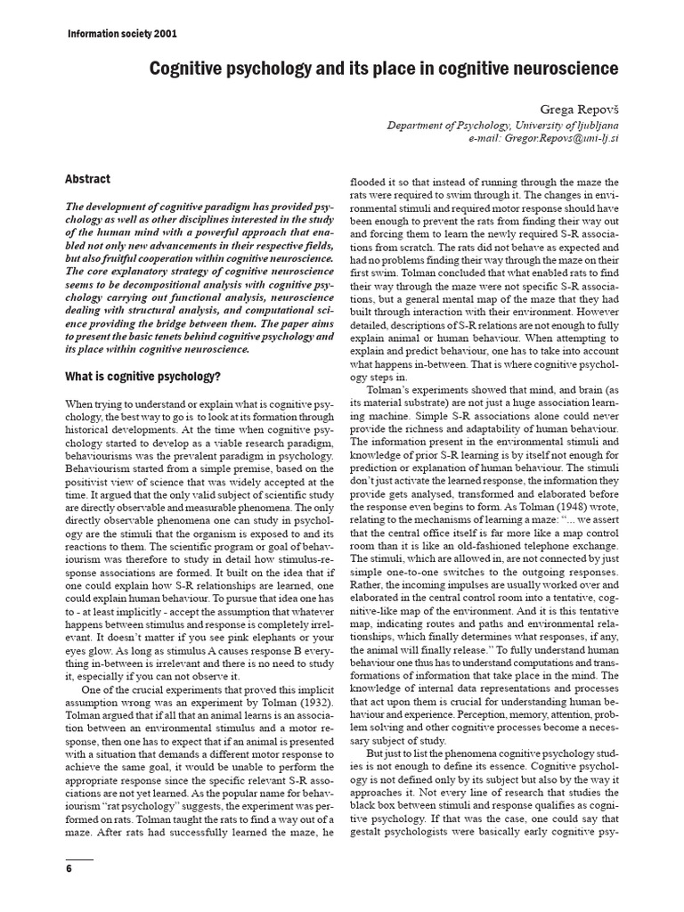 Cognitive Psychology and Its Place in Co | PDF | Cognitive Psychology | Psychology