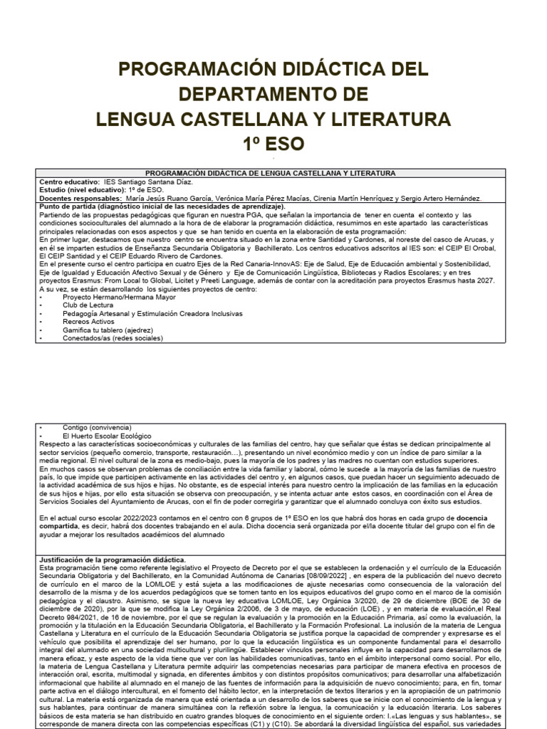 Programación Lengua 1º ESO | PDF | Evaluación | Aprendizaje