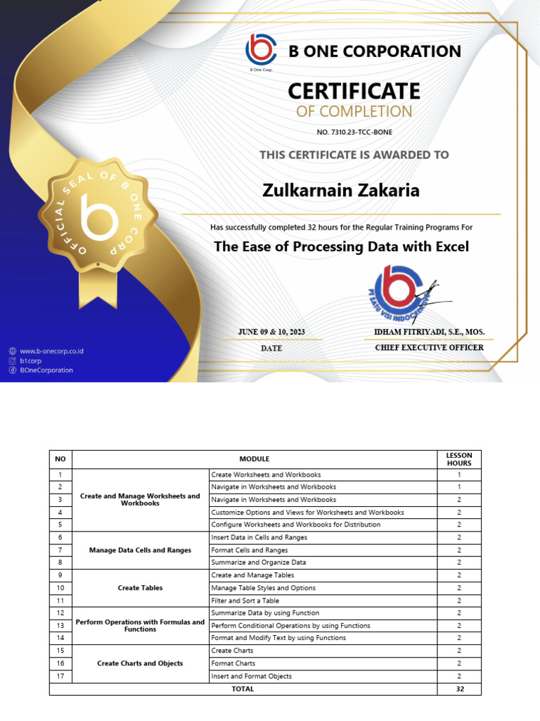 Certificate of Completion Pelatihan Excel 32 JP | PDF | Microsoft Excel ...