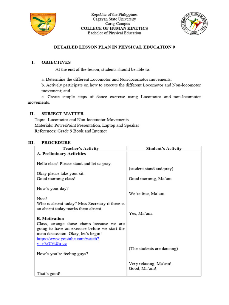 Detailed Lesson Plan in Physical Education 9: College of Human Kinetics ...