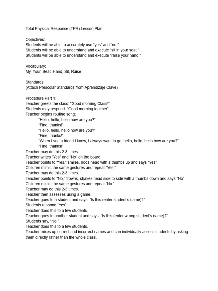 Total Physical Response TPR Lesson Plan | PDF | Teachers | Chair