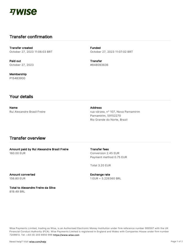 Wise Transaction Invoice Transfer 848093636 1880608097 PT | PDF | Banks ...