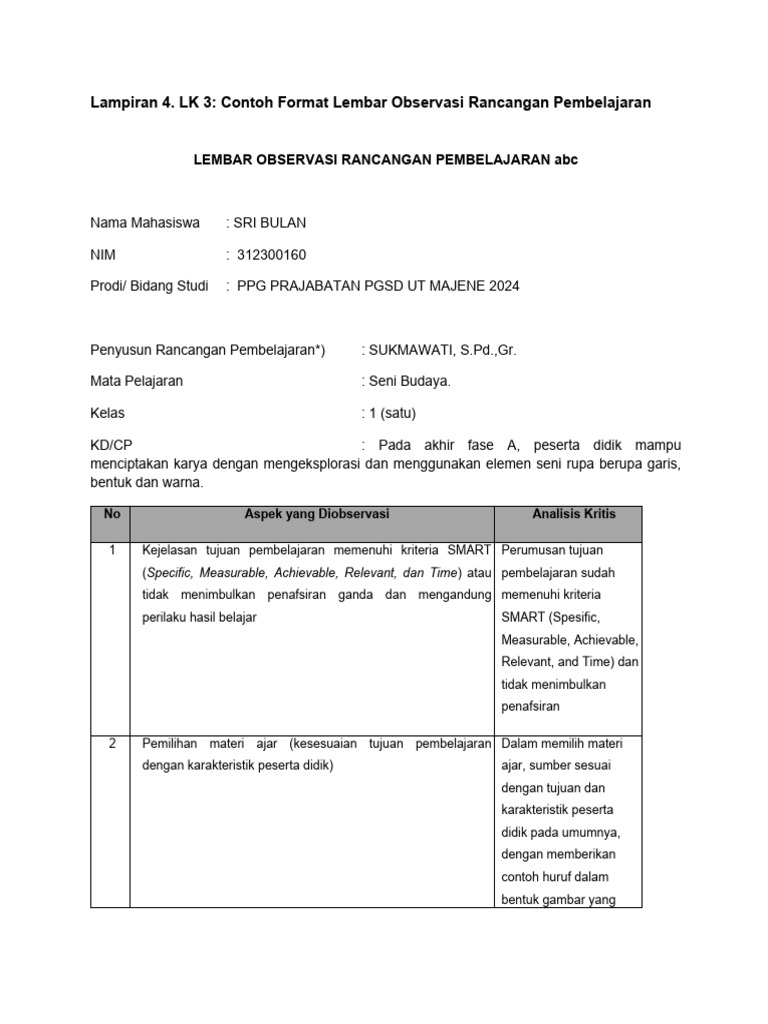 1 - Lampiran 4. LK 3 Contoh Format Lembar Observasi Rancangan Pembelajaran Sri Bulan | PDF ...