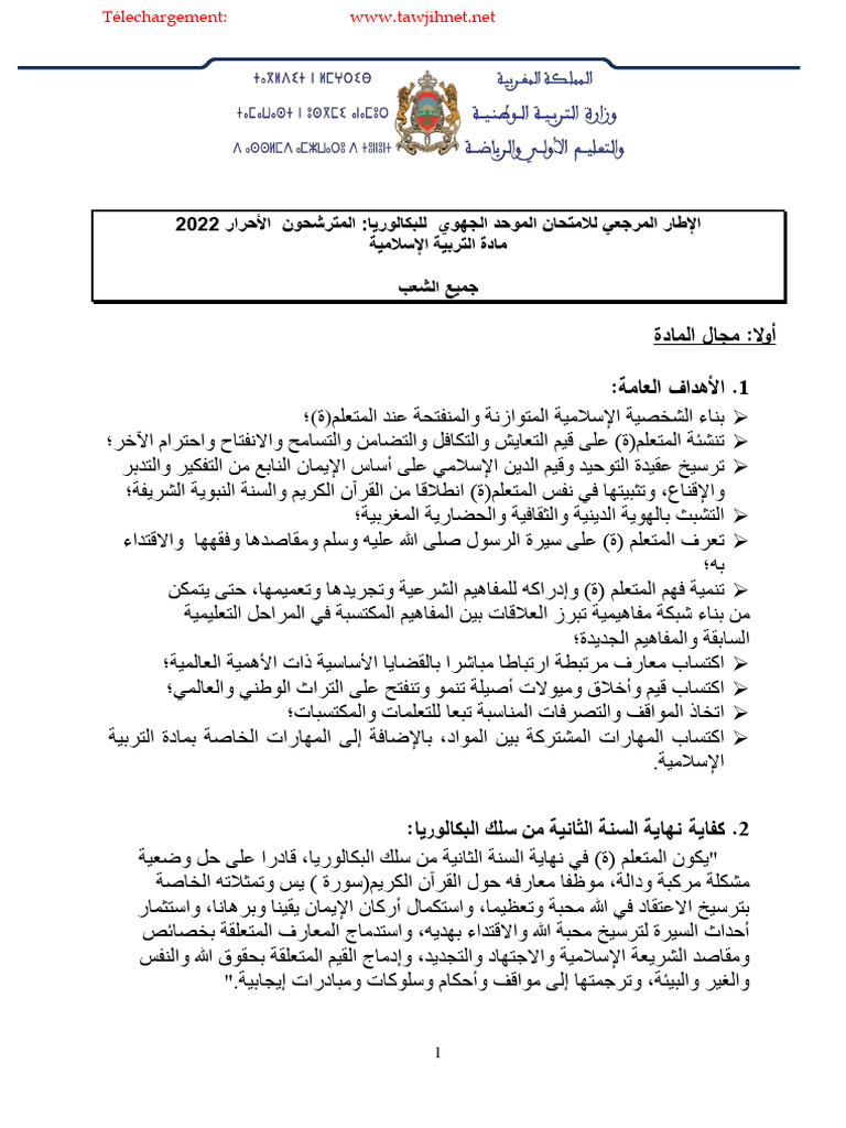 Bac Libre Instruction Islamique TT Options 2022 | PDF
