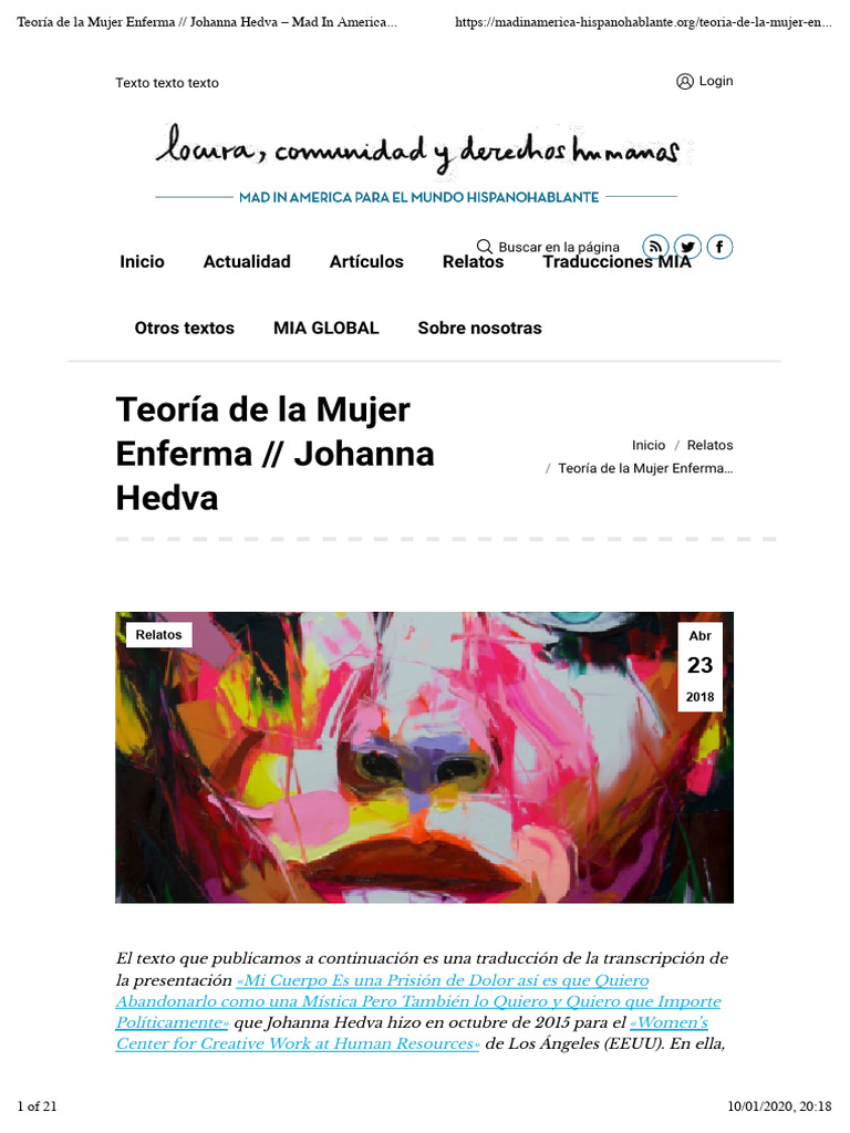 Teoría de La Mujer Enferma - Johanna Hedva - Mad in America Hispanohablante | PDF | Hannah ...