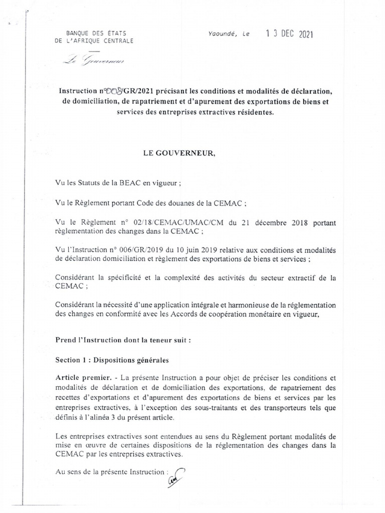 Instruction N°008 - GR - 2021 Declaration Domiciliation Rapatriement Et Apurement Des ...