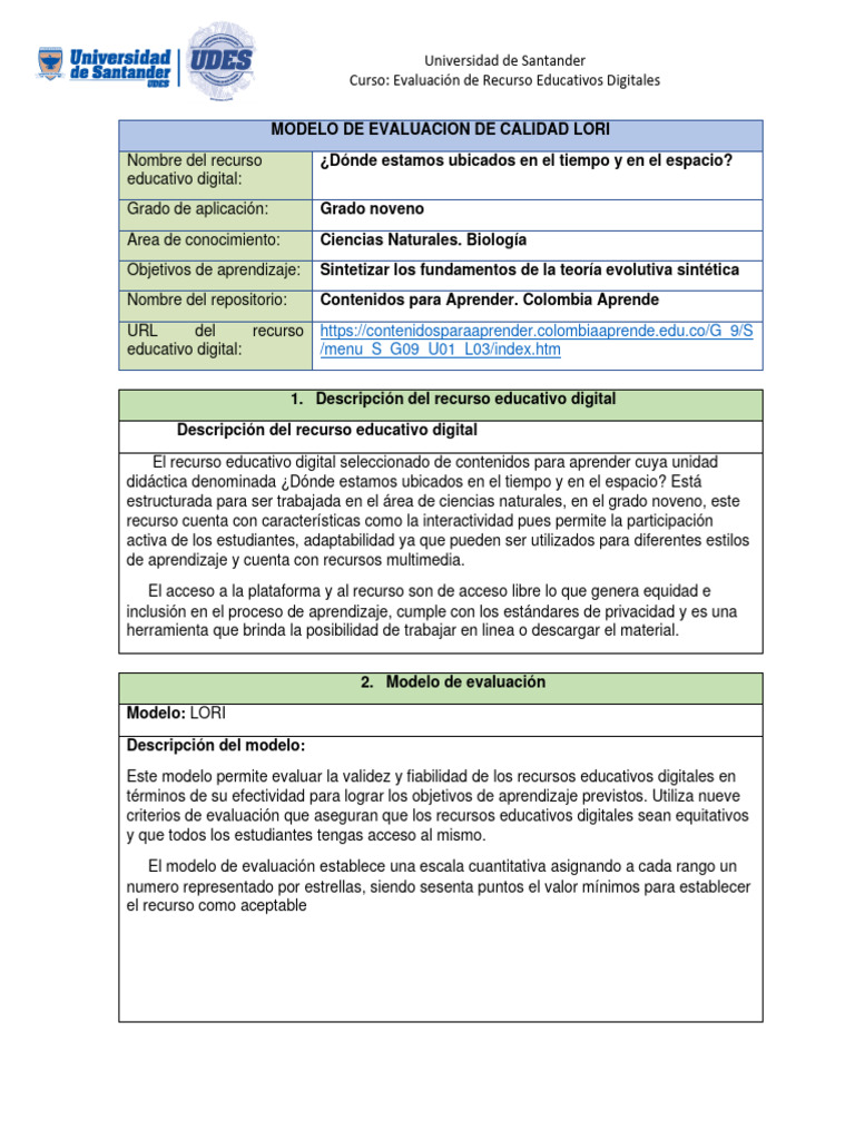 Entregable1 Plantilla Modelo Lori 1 | PDF | Evaluación | Aprendizaje