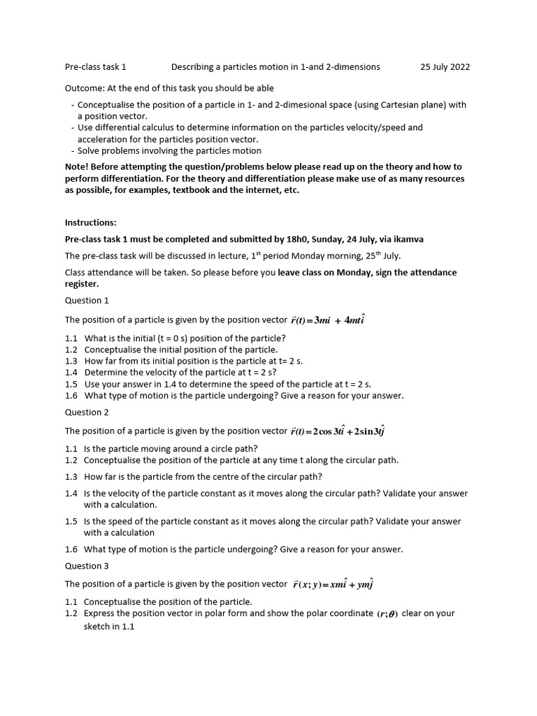 Pre-Class Task 1, L1, 25 July 2025 - 220721 - 210459 | Download Free PDF | Velocity | Euclidean ...