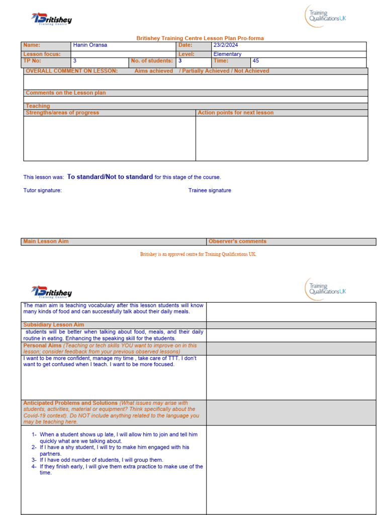 Lesson Plan TP 3 | PDF | Foods | Cereals