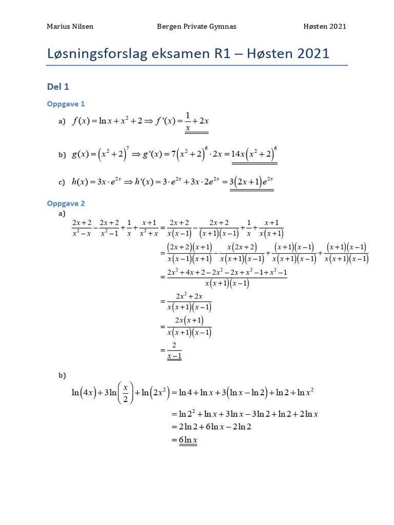 Løsningsforslag Eksamen R1 - Høsten 2021 | PDF