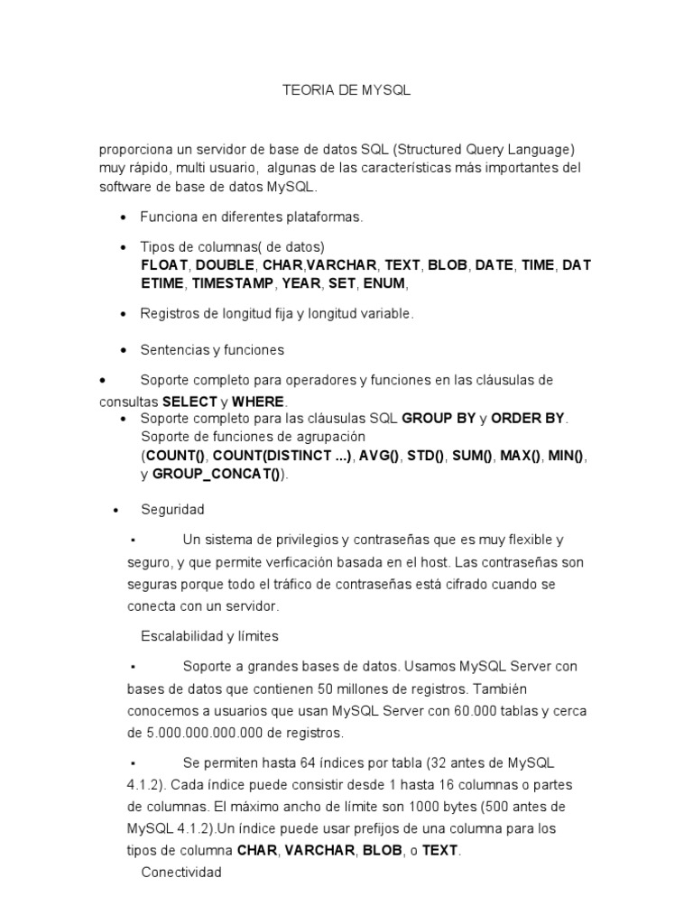 Mysql Teoria | Descargar gratis PDF | Archivo de computadora | Mi sql